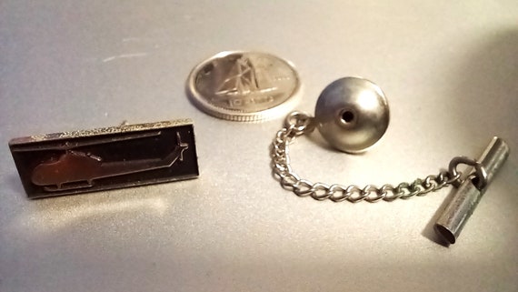 Helicopter Tie Pin / Badge Silver on Black - Gem