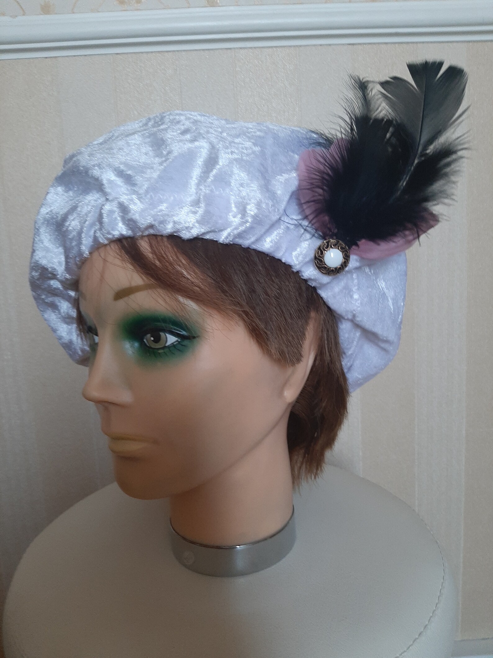 White Velour Medieval HAT BERET With Feather Tudor Renaissance Artist ...