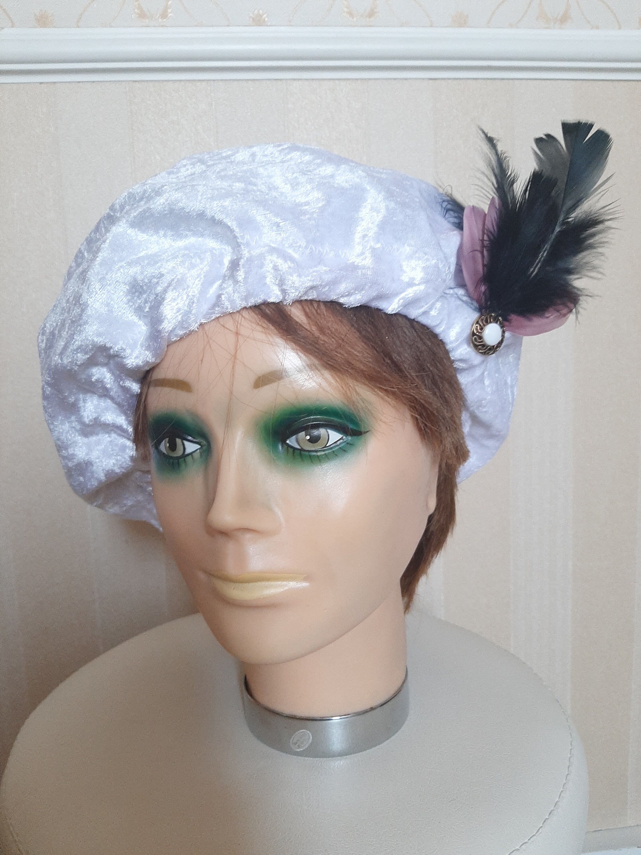 White Velour Medieval HAT BERET With Feather Tudor Renaissance Artist ...