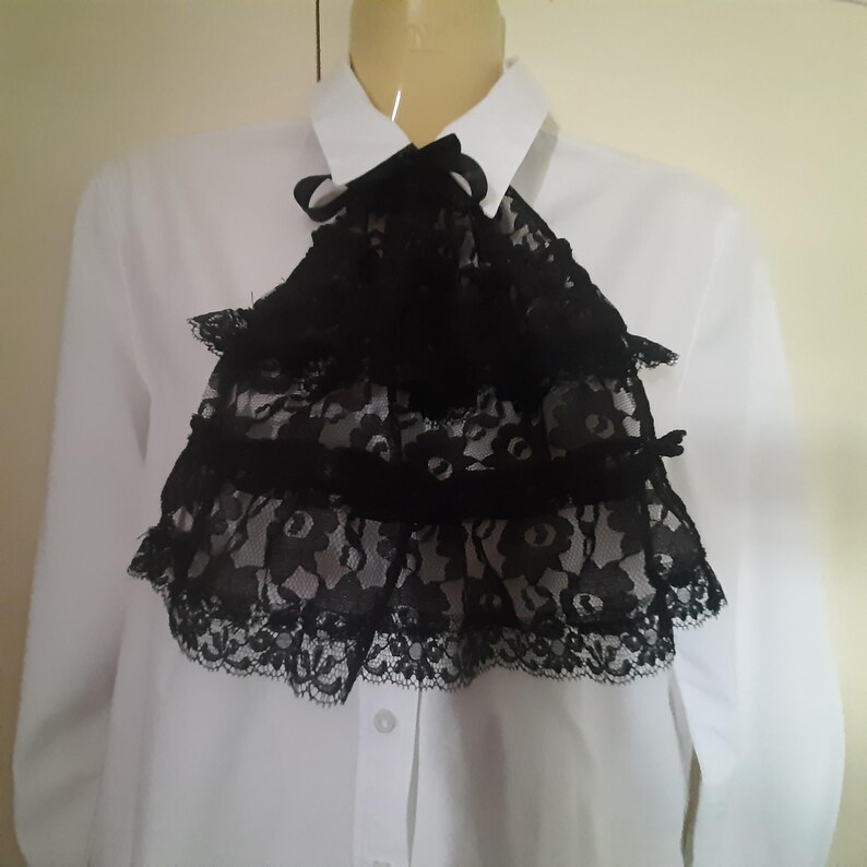 Black Lace Frilly Jabot Victorian Georgian Regency Collar Cravat Gothic ...