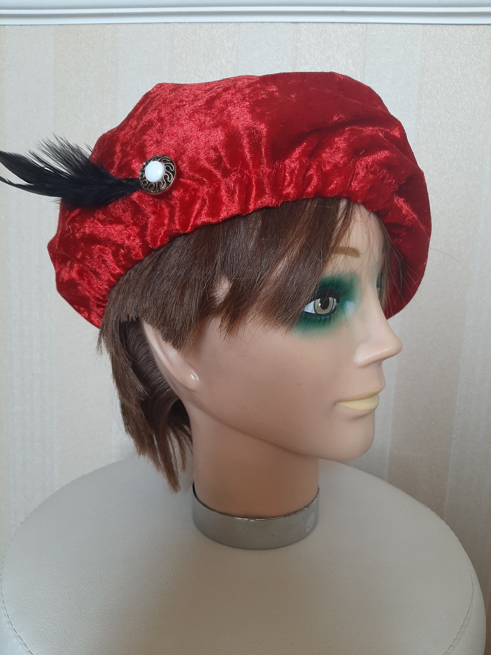 Red Velour Medieval HAT BERET With Feather Tudor Renaissance Artist ...