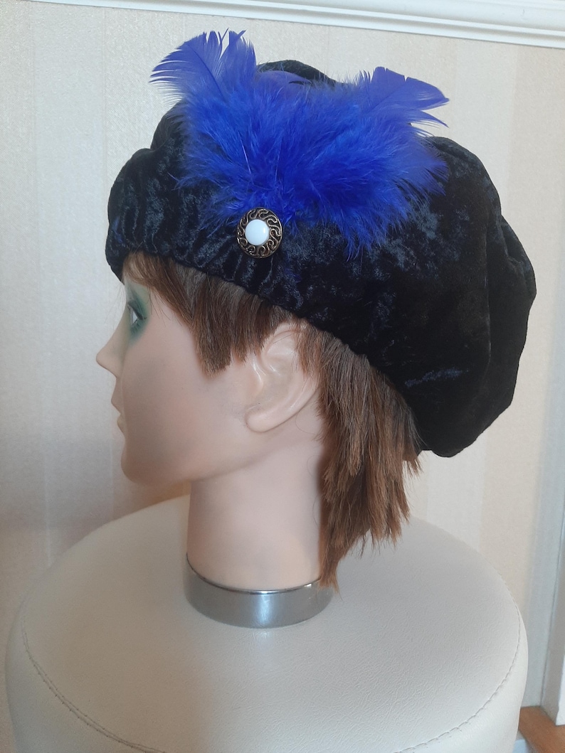 Black Velour Medieval HAT BERET Blue Feather Tudor Renaissance Artist ...
