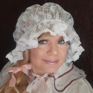 Ladies White Lace Mop Hat Victorian Maid Fairy Tale Fancy Dress Costume ...