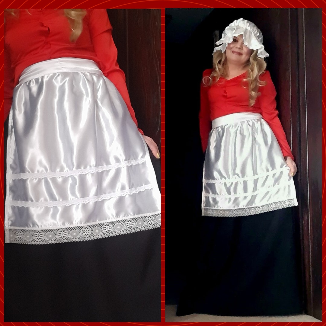 White Satin Knee Length Apron Victorian Tudor Maid Fairy Tale Fancy ...