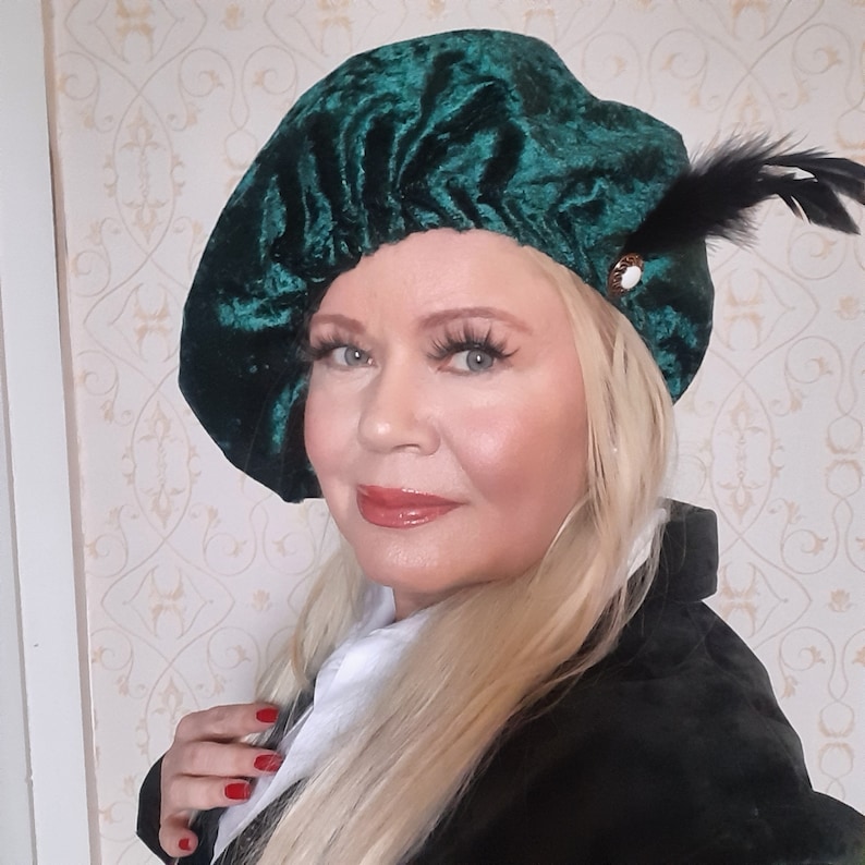 Green Velour Medieval HAT BERET With Feather Tudor Renaissance Artist ...