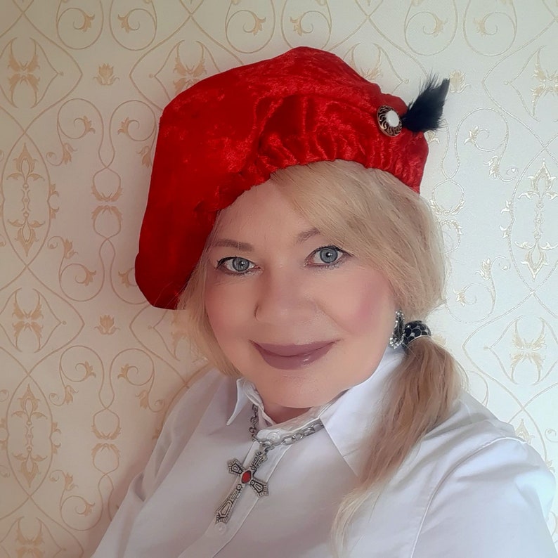 Red Velour Medieval HAT BERET With Feather Tudor Renaissance Artist ...