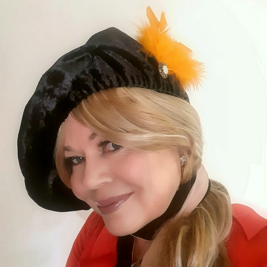 Black Velour Medieval HAT BERET Orange Feather Tudor Renaissance Artist ...