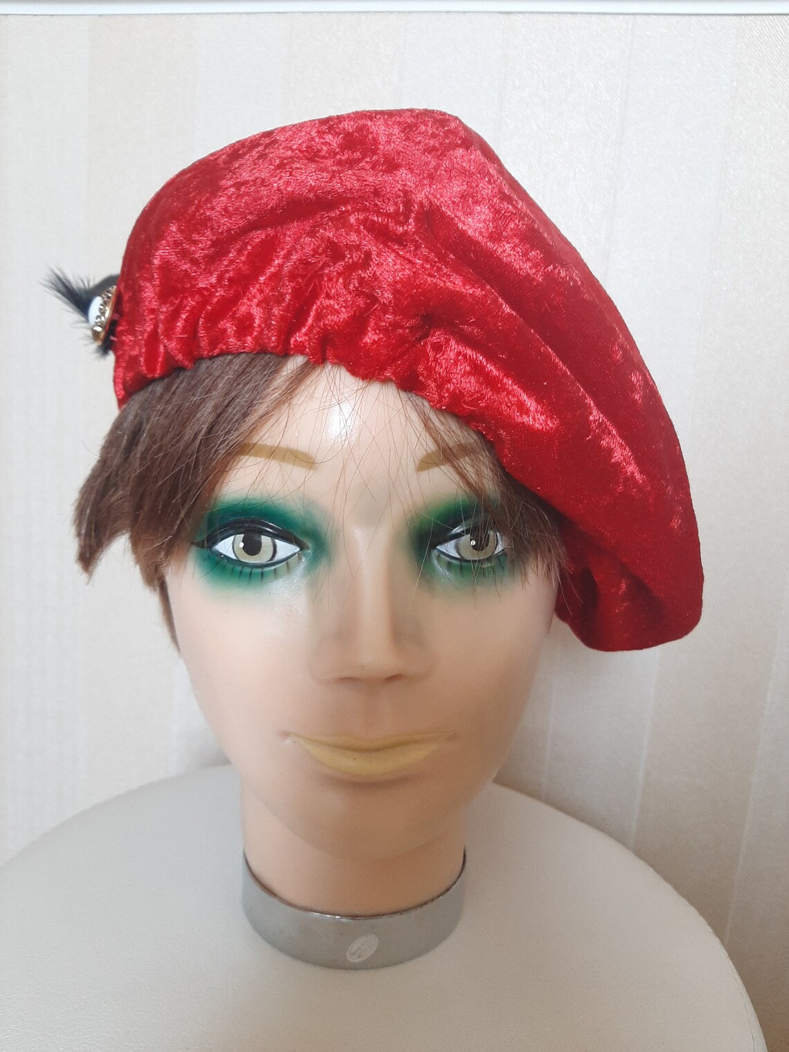 Red Velour Medieval HAT BERET With Feather Tudor Renaissance Artist ...