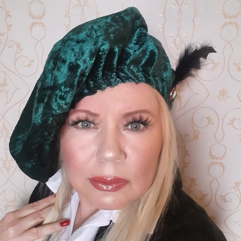 Green Velour Medieval HAT BERET With Feather Tudor Renaissance Artist ...