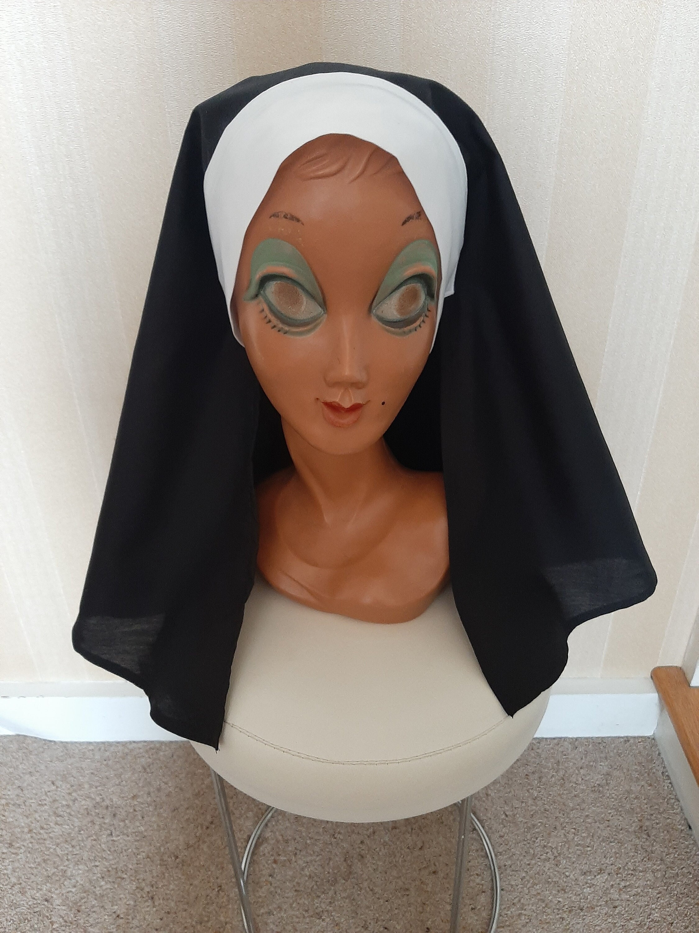 Ladies Nun's Headdress Head Piece Fancy Dress Costume Black & White Hat ...