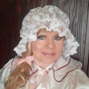 Ladies White Lace Mop Hat Victorian Maid Fairy Tale Fancy Dress Costume ...