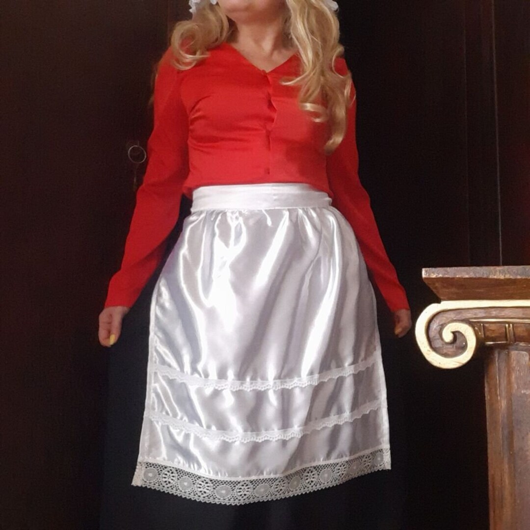 White Satin Knee Length Apron Victorian Tudor Maid Fairy Tale Fancy ...
