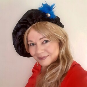 Black Velour Medieval HAT BERET Blue Feather Tudor Renaissance Artist ...