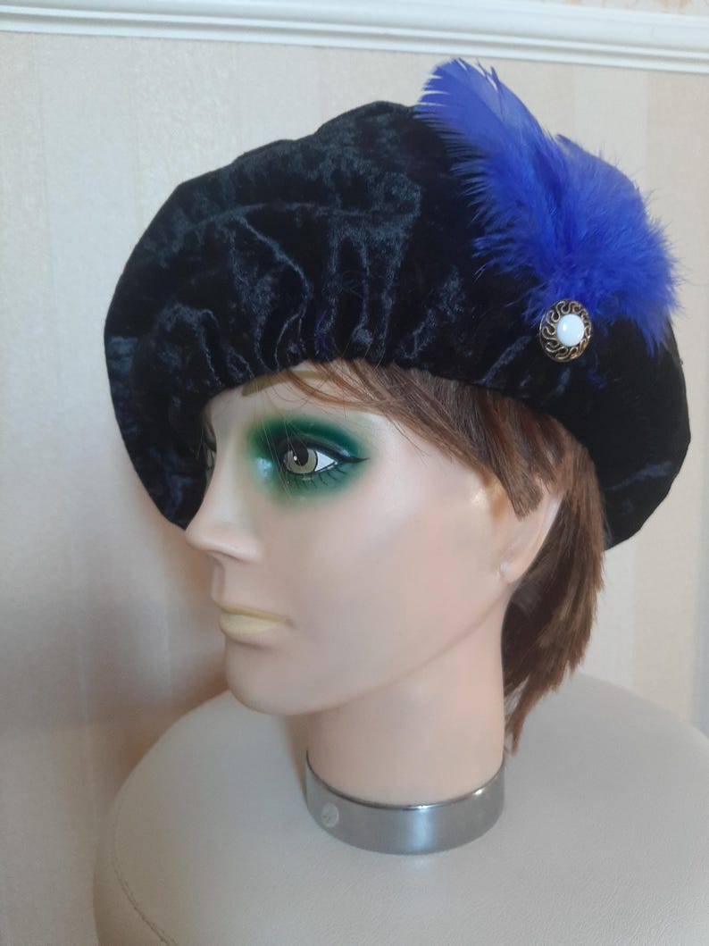 Black Velour Medieval HAT BERET Blue Feather Tudor Renaissance Artist ...