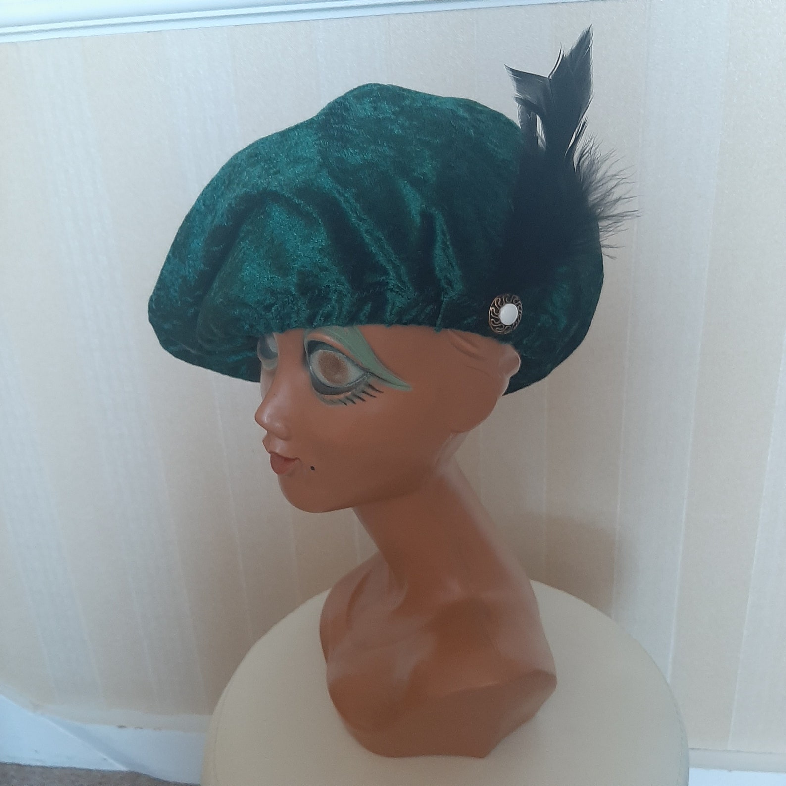 Green Velour Medieval HAT BERET With Feather Tudor Renaissance Artist ...