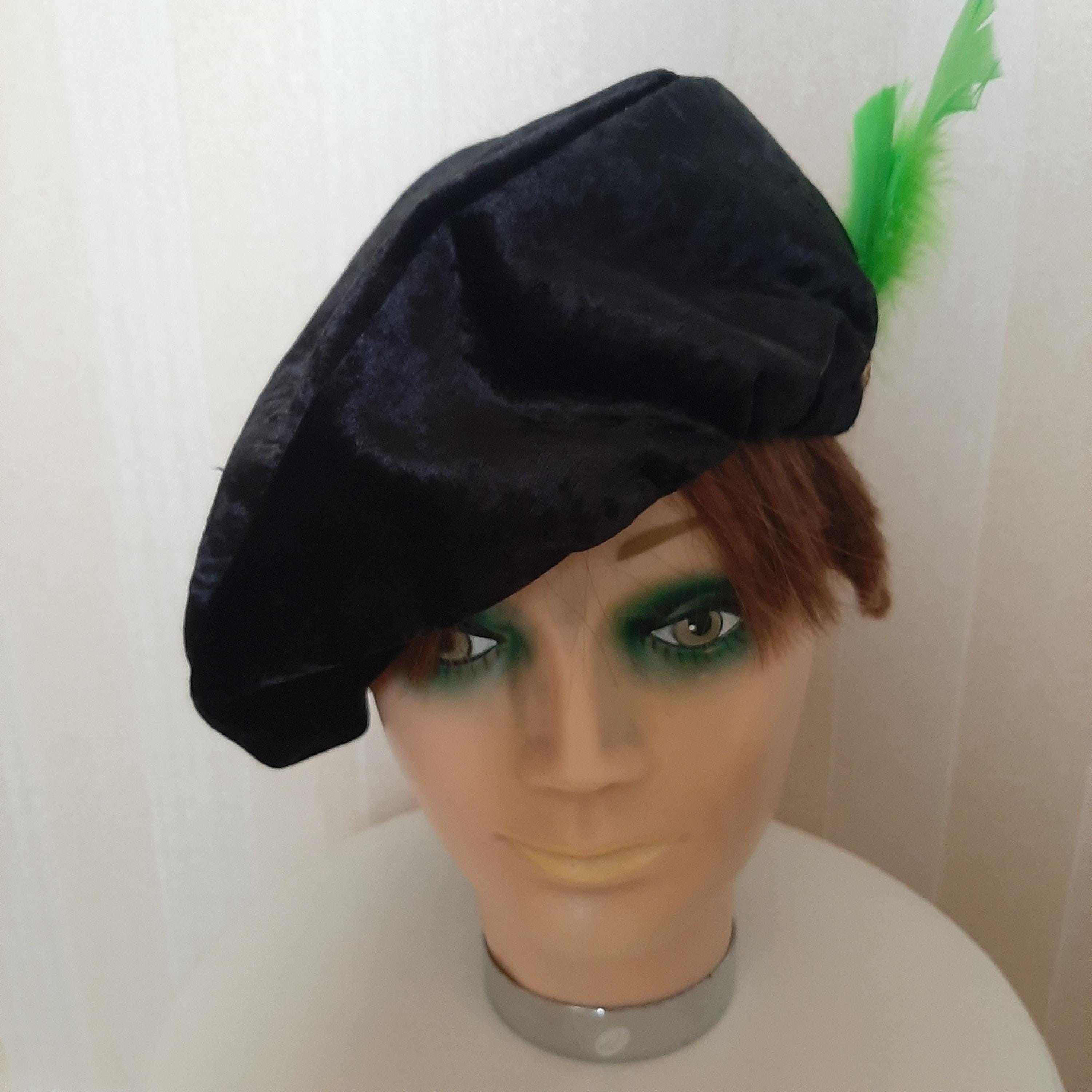 Black Velour Medieval HAT BERET Green Feather Tudor Renaissance Artist ...