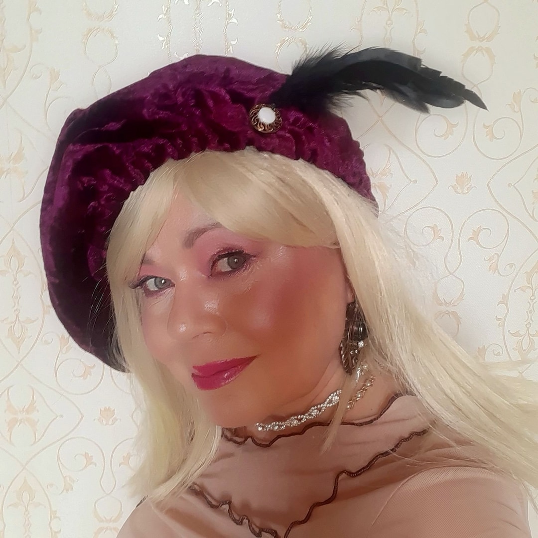 Purple Maroon Velour Medieval HAT BERET With Feather Tudor Renaissance ...