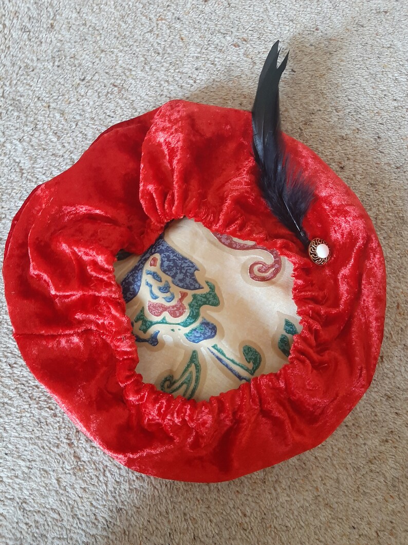 Red Velour Medieval HAT BERET With Feather Tudor Renaissance Artist ...