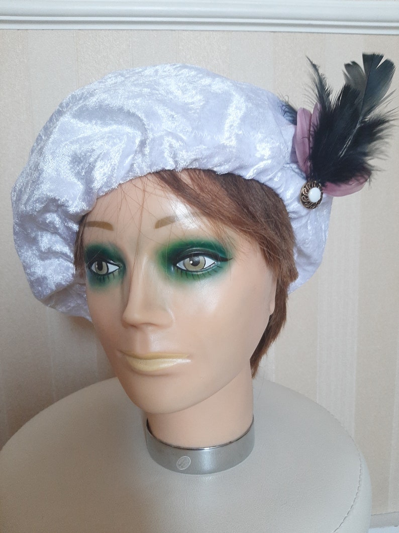 White Velour Medieval HAT BERET With Feather Tudor Renaissance Artist ...