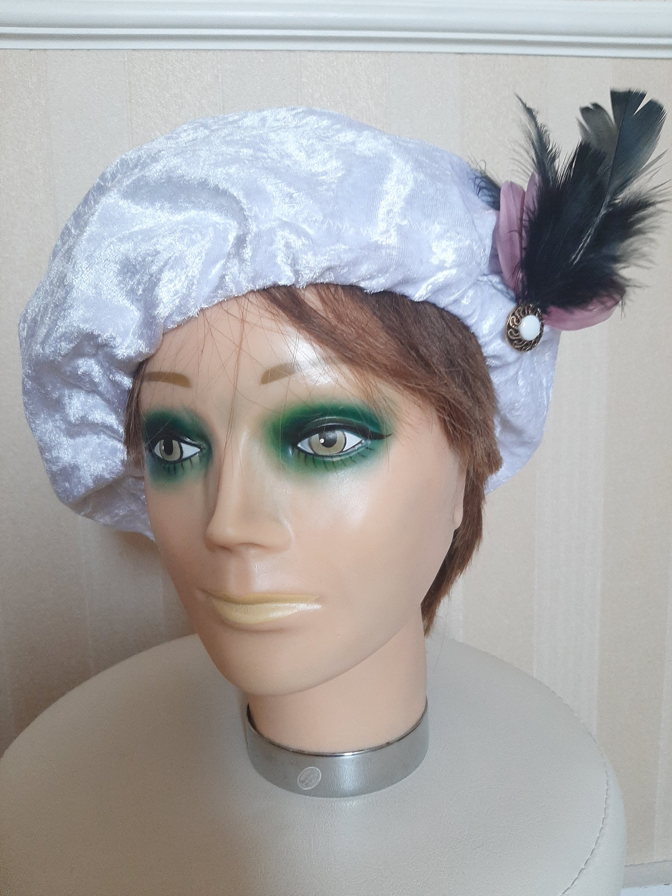 White Velour Medieval HAT BERET With Feather Tudor Renaissance Artist ...
