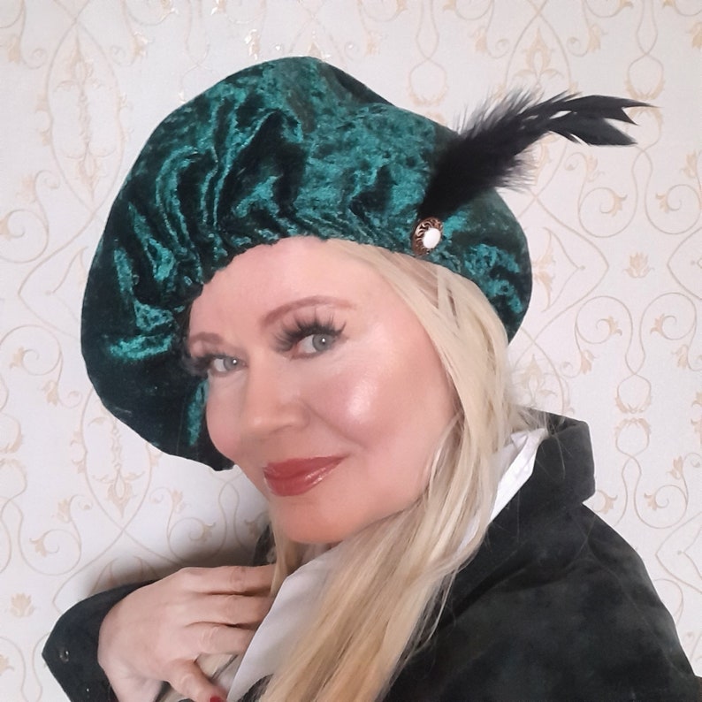 Green Velour Medieval HAT BERET With Feather Tudor Renaissance Artist ...