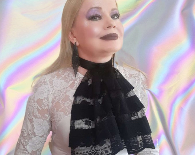 Black Lace Frilly Jabot Victorian Georgian Regency Collar Cravat Gothic ...