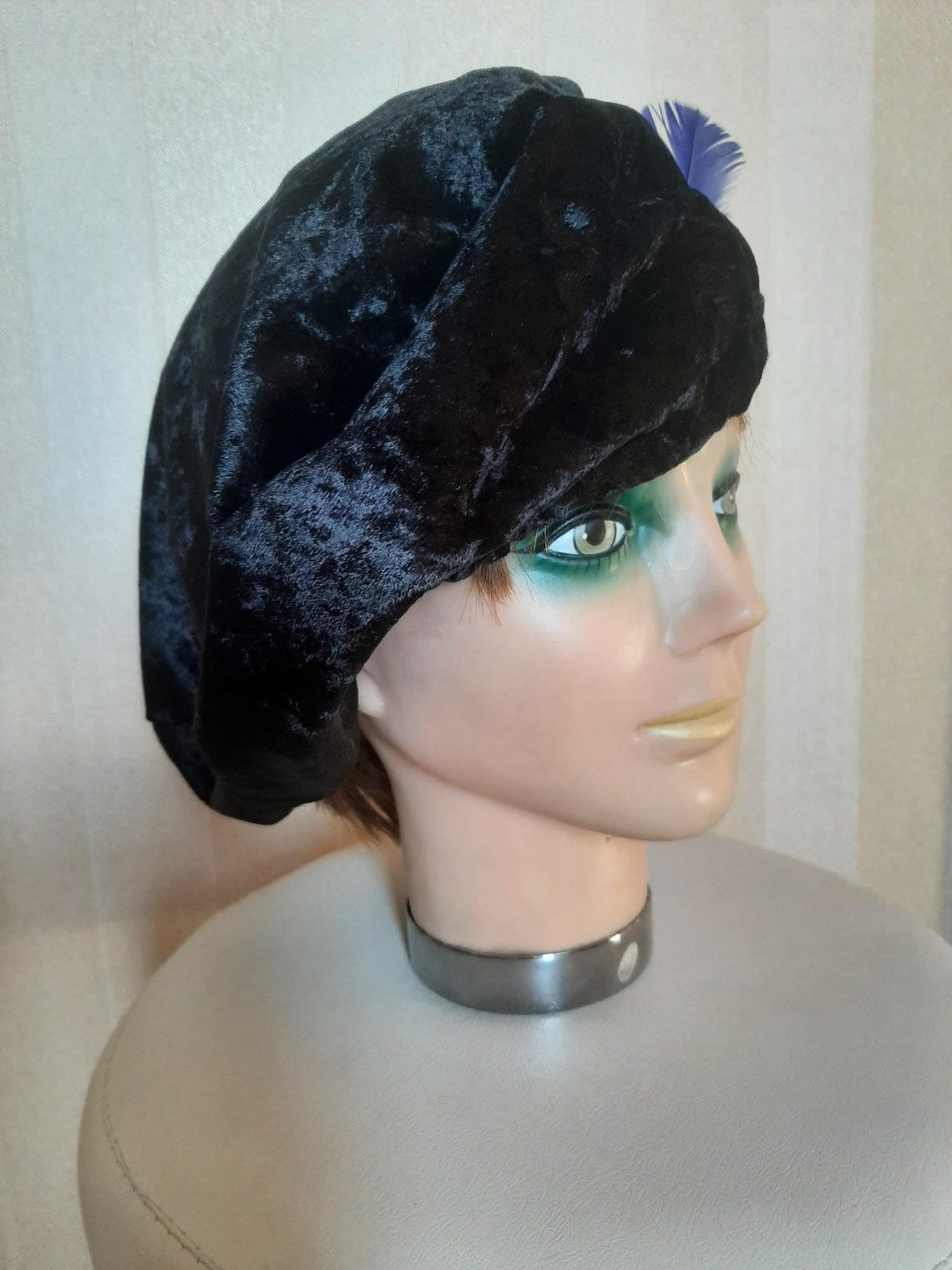 Black Velour Medieval HAT BERET Blue Feather Tudor Renaissance Artist ...