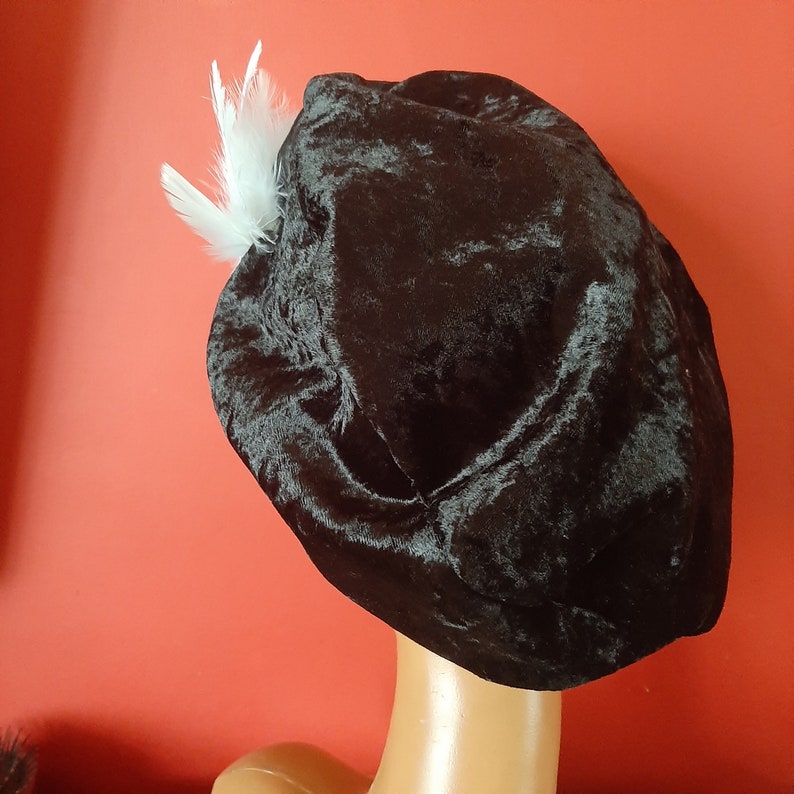 Black Velour Medieval HAT BERET With Feather Tudor Renaissance Artist ...
