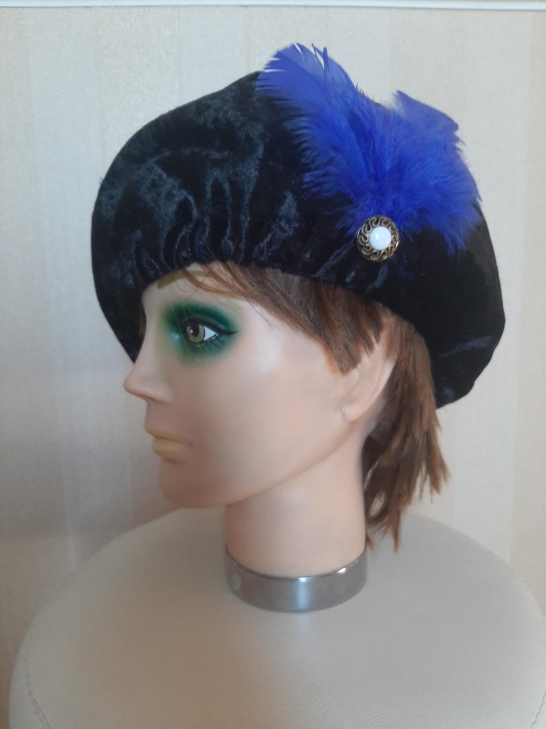 Black Velour Medieval HAT BERET Blue Feather Tudor Renaissance Artist ...