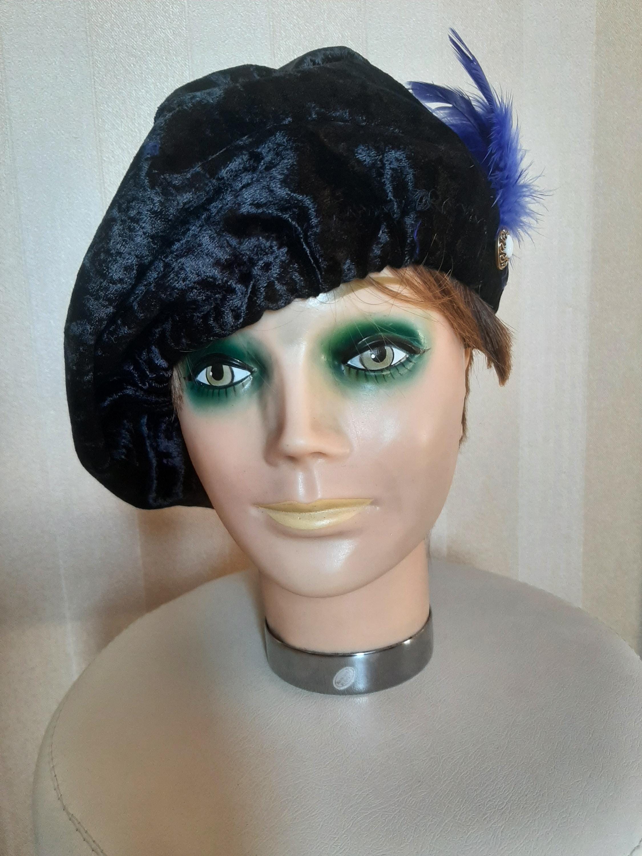 Black Velour Medieval HAT BERET Blue Feather Tudor Renaissance Artist ...