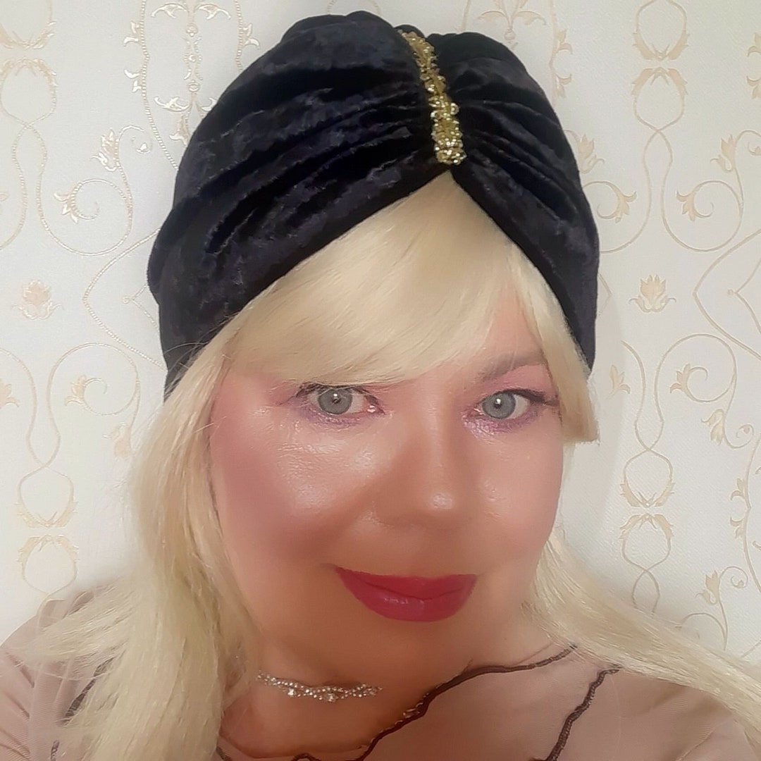 Black Velour Turban Hat Retro 1920s 1950s Fancy Dress Costume Vintage ...