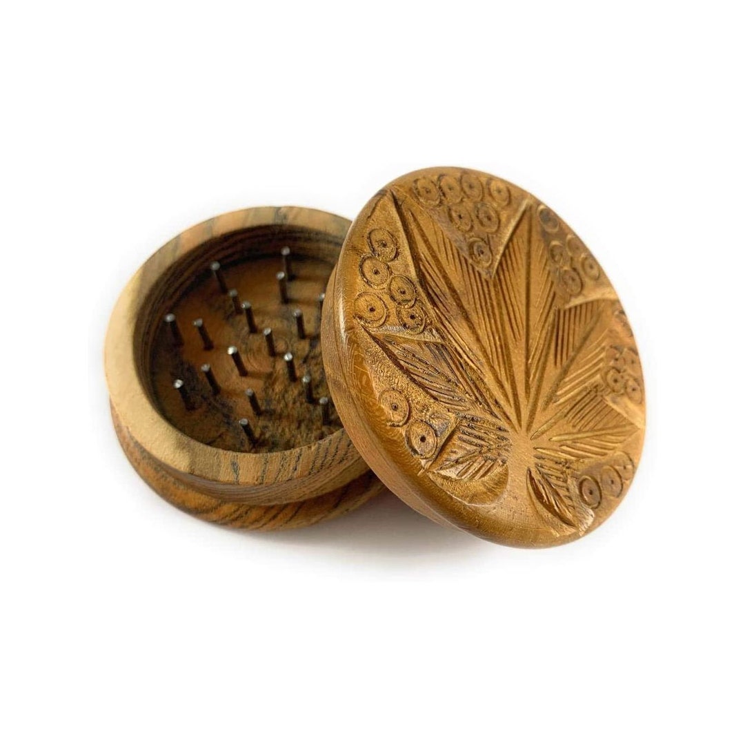 Beautiful Smooth Wooden Herb Grinder With Classic Leaf Carved Design ...