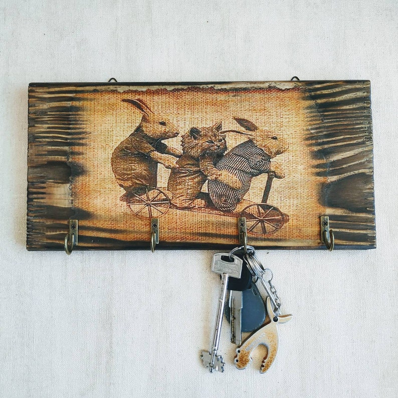 Rustic key holder for wall with rabbits and cat Entryway decor | Etsy