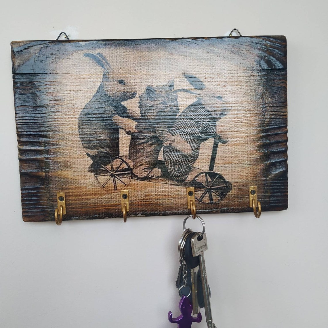 Rustic Key Holder for Wall With Rabbits and Cat Entryway Decor Fun Keys ...