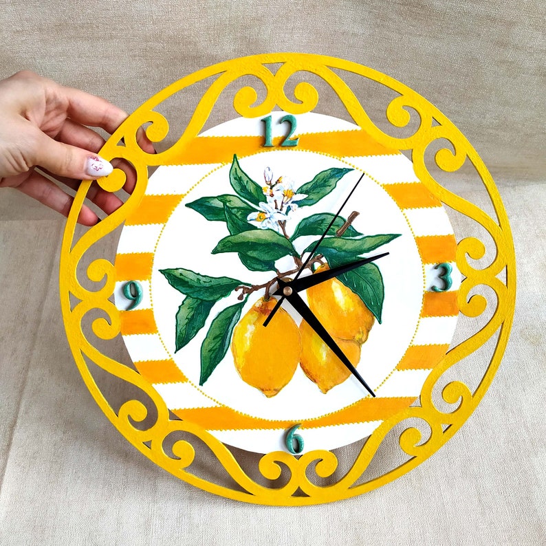 Yellow Wall Clock With Lemons for Kitchen Country Clock for Wall Decor ...