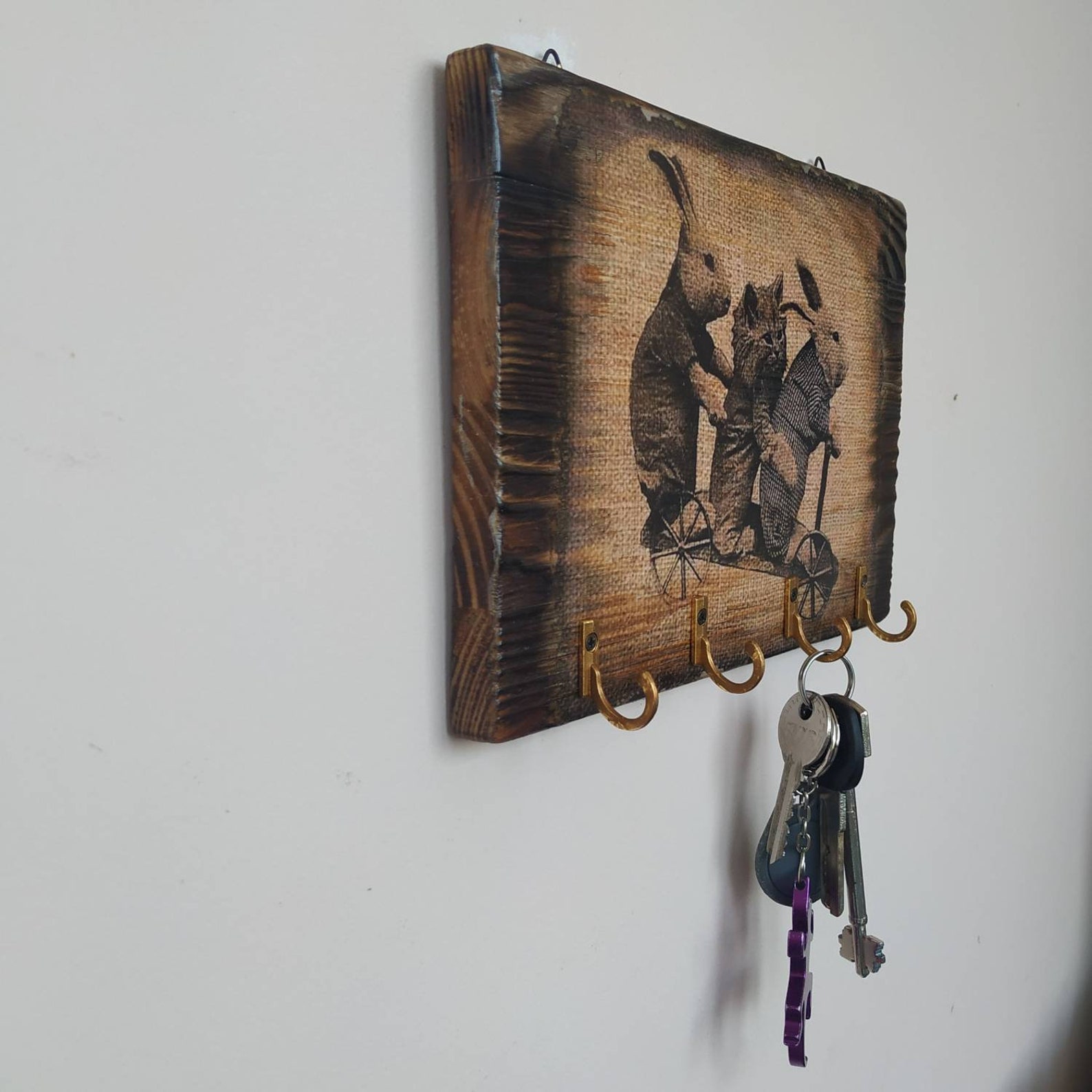 Rustic Key Holder for Wall With Rabbits and Cat Entryway Decor Fun Keys ...