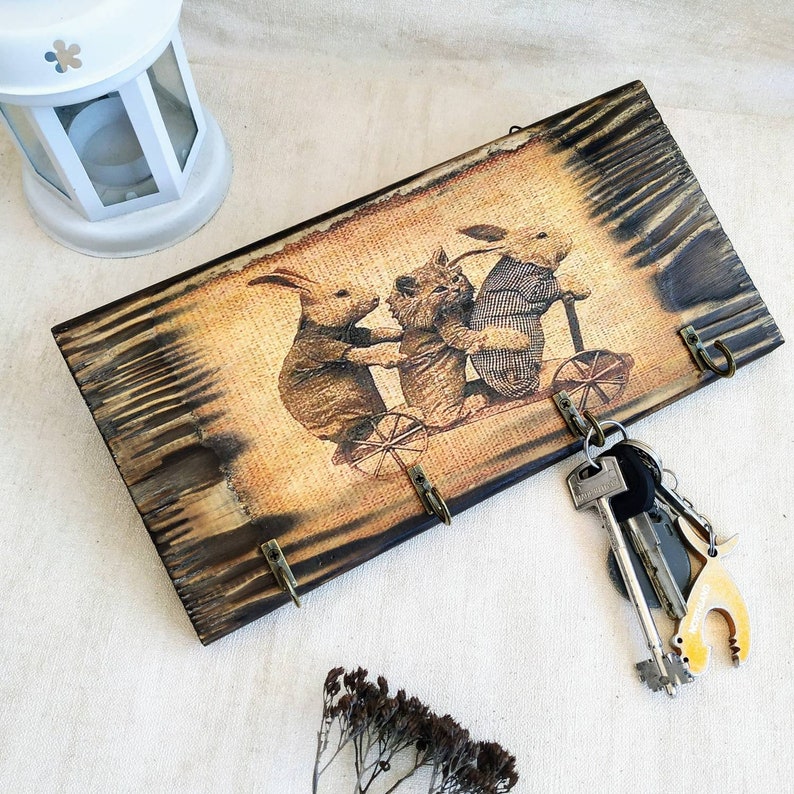 Rustic key holder for wall with rabbits and cat Entryway decor | Etsy