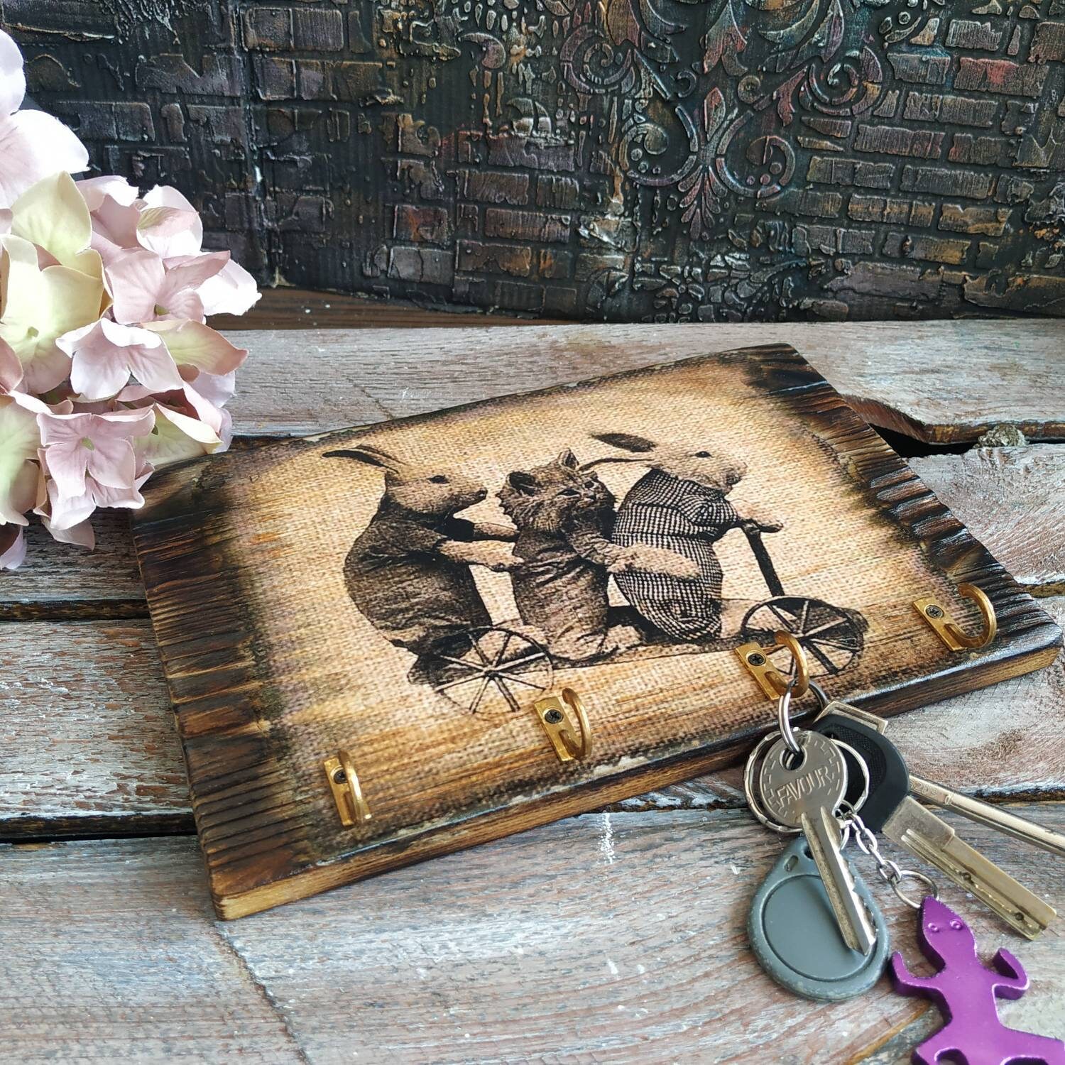 Rustic Key Holder for Wall With Rabbits and Cat Entryway Decor Fun Keys ...