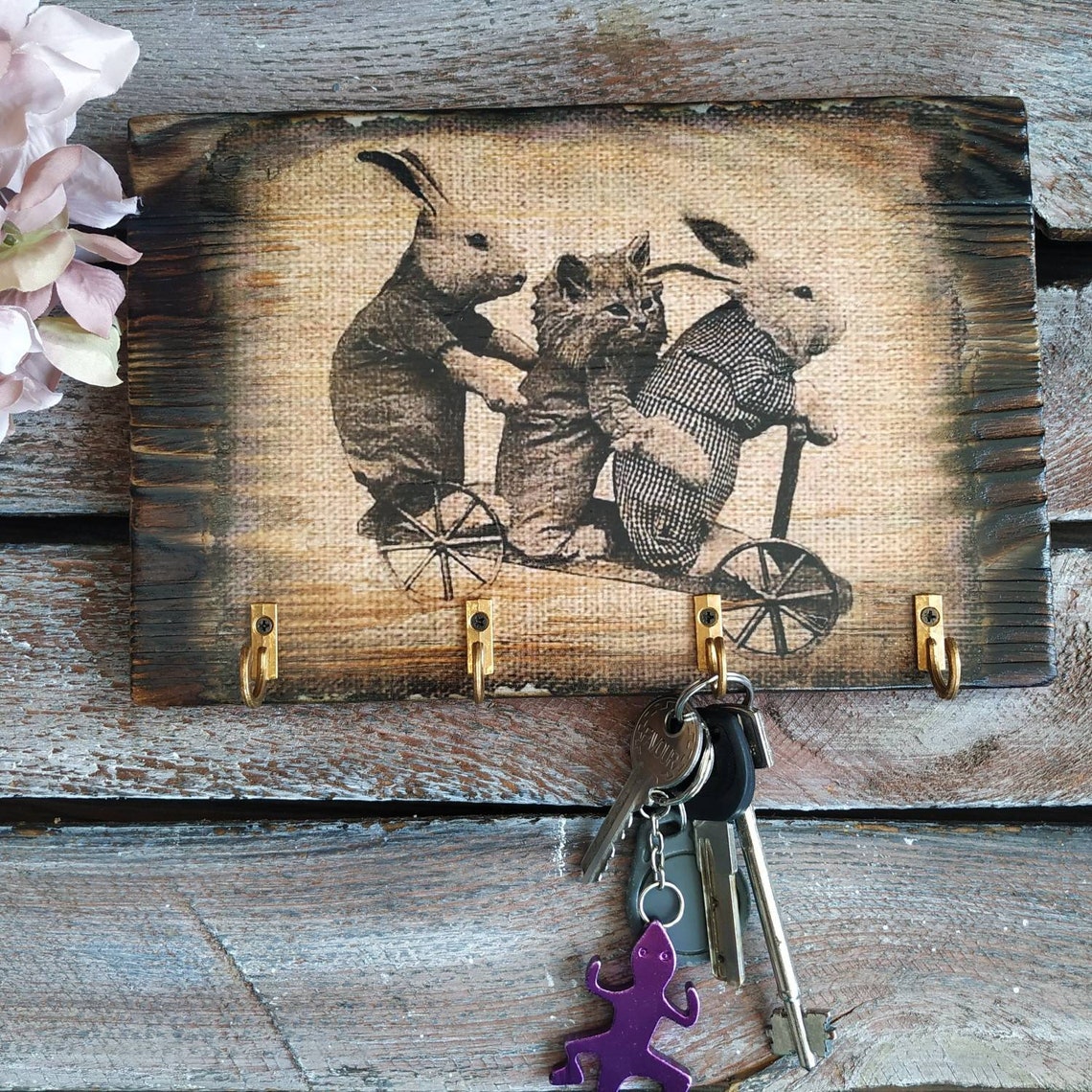 Rustic Key Holder for Wall With Rabbits and Cat Entryway Decor Fun Keys ...