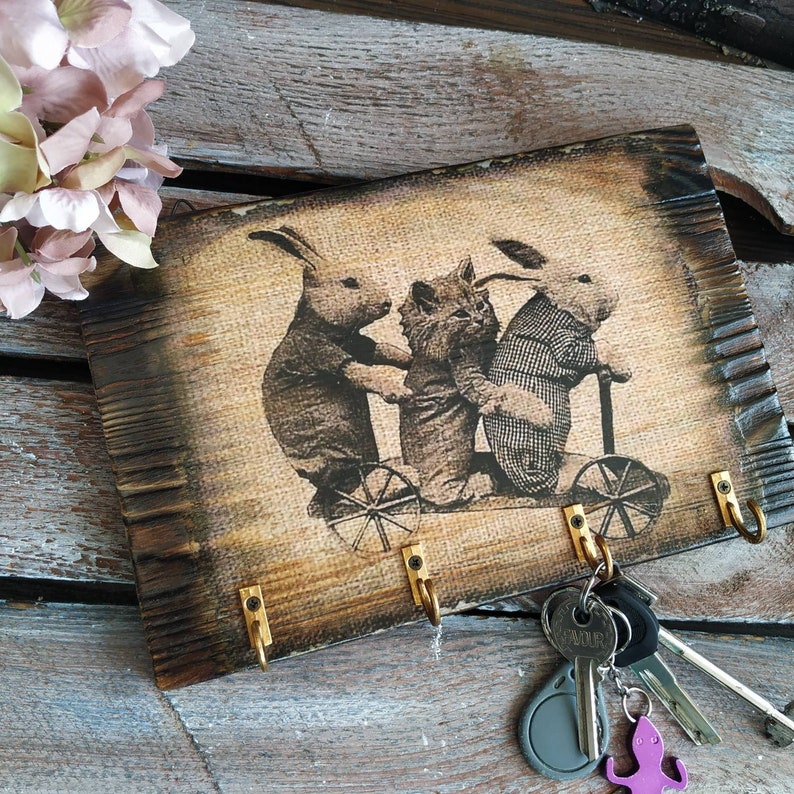 Rustic Key Holder for Wall With Rabbits and Cat Entryway Decor Fun Keys ...