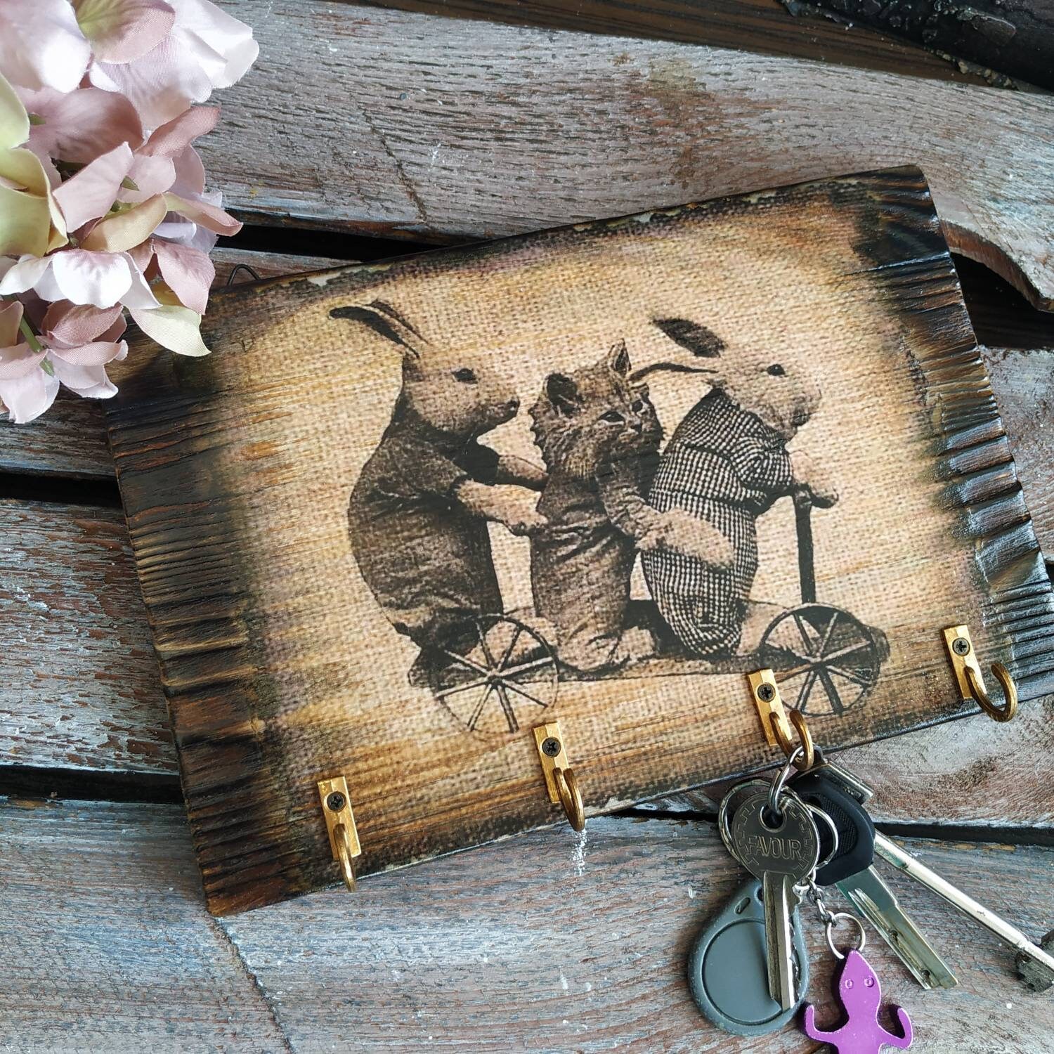 Rustic Key Holder for Wall With Rabbits and Cat Entryway Decor Fun Keys ...