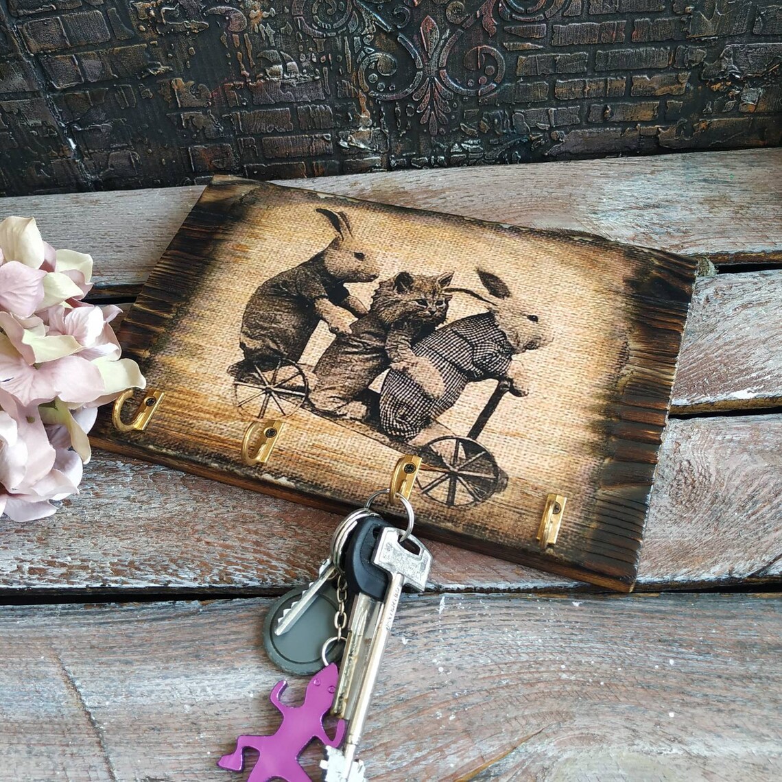 Rustic Key Holder for Wall With Rabbits and Cat Entryway Decor Fun Keys ...