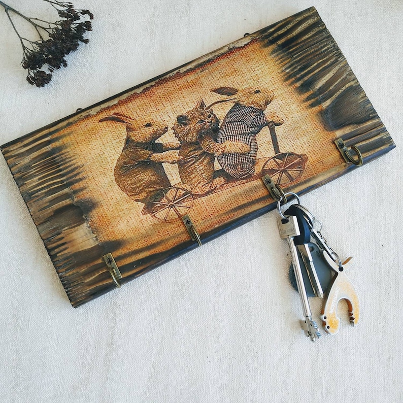 Rustic key holder for wall with rabbits and cat Entryway decor | Etsy