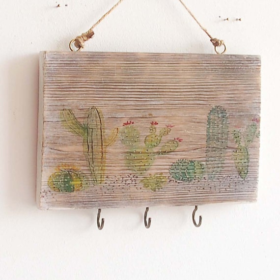 Small Key Rack With Cactus Key Holder for Wall Distressed Wood | Etsy