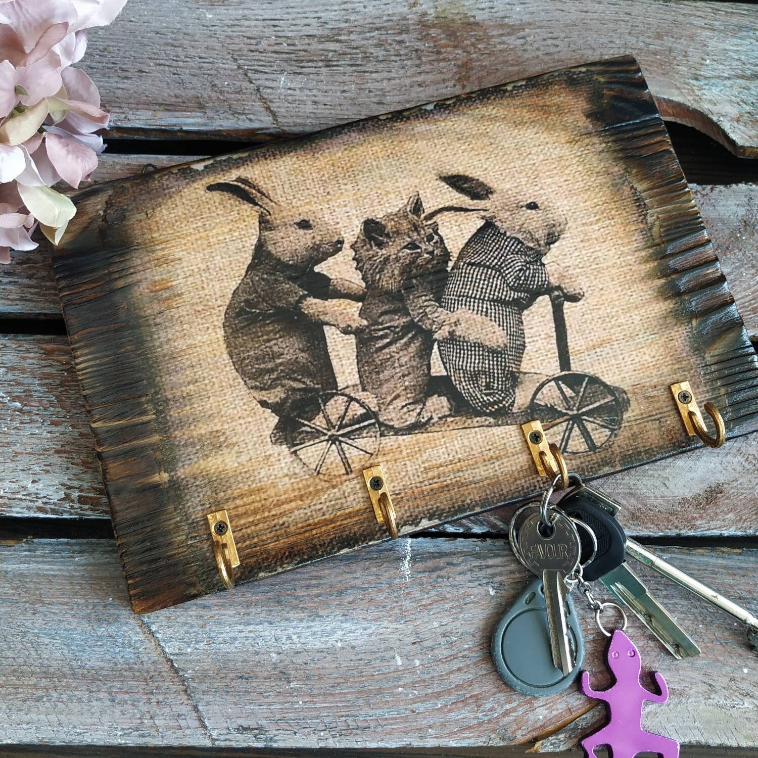 Rustic Key Holder for Wall With Rabbits and Cat Entryway Decor Fun Keys ...