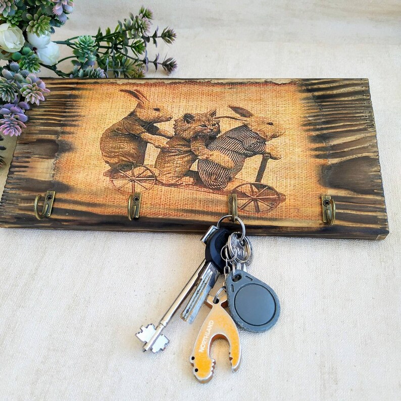 Rustic key holder for wall with rabbits and cat Entryway decor | Etsy