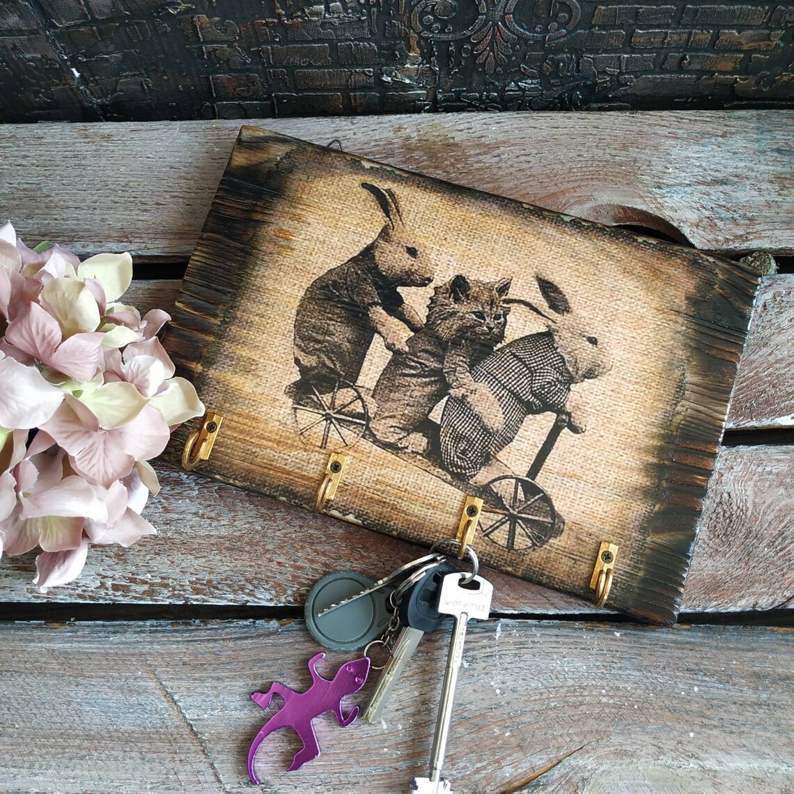 Rustic Key Holder for Wall With Rabbits and Cat Entryway Decor Fun Keys ...