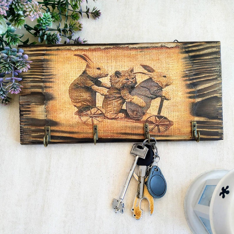 Rustic key holder for wall with rabbits and cat Entryway decor | Etsy