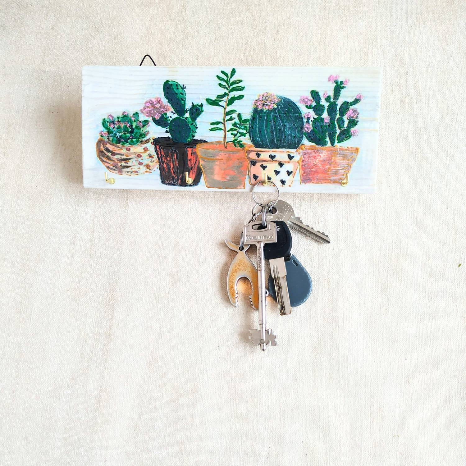 Key holder with cactus Wall key rack Wood key holder for wall | Etsy