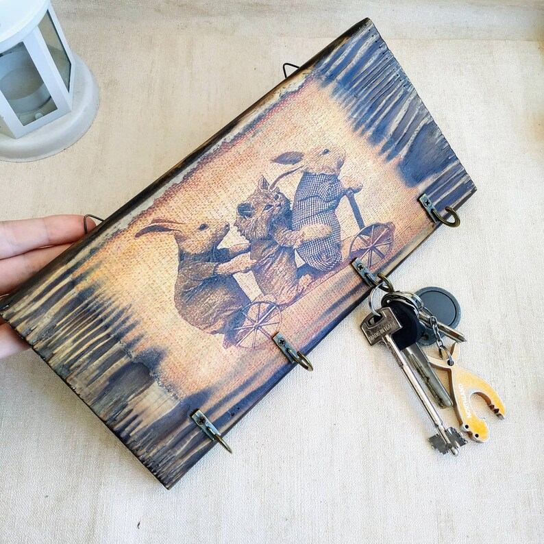 Rustic key holder for wall with rabbits and cat Entryway decor | Etsy
